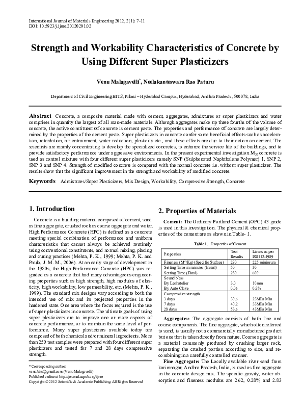 Pdf Strength And Workability Characteristics Of Concrete By Using Different Super Plasticizers