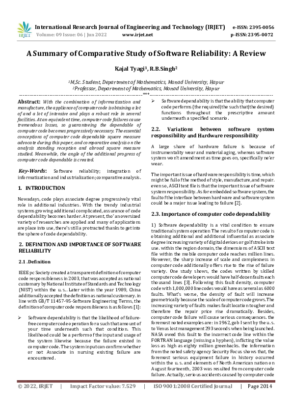 (PDF) A Summary of Comparative Study of Software Reliability: A Review