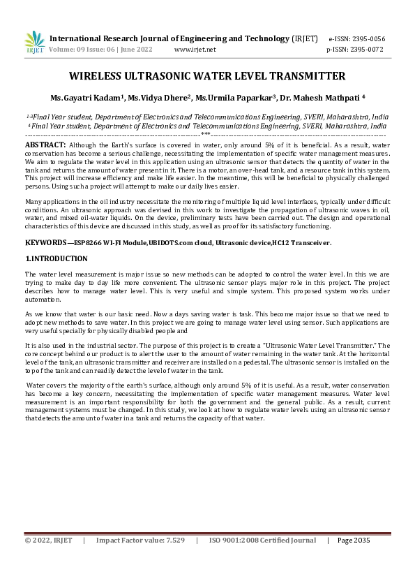 (PDF) WIRELESS ULTRASONIC WATER LEVEL TRANSMITTER