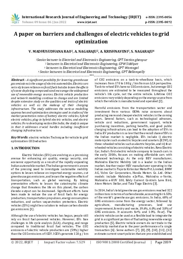 (PDF) A paper on barriers and challenges of electric vehicles to grid ...