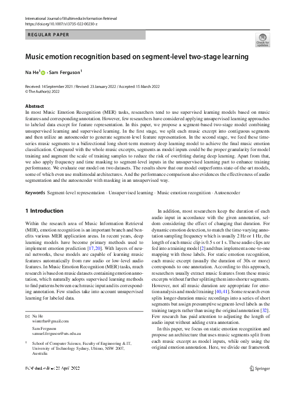 Pdf Music Emotion Recognition Based On Segment Level Two Stage Learning