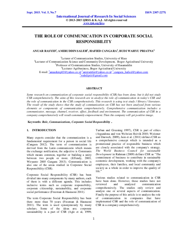 (PDF) The Role of Communication in Corporate Social Responsibility
