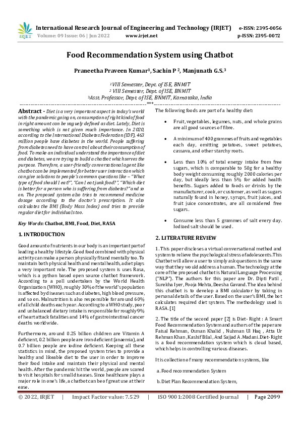 Pdf Food Recommendation System Using Chatbot