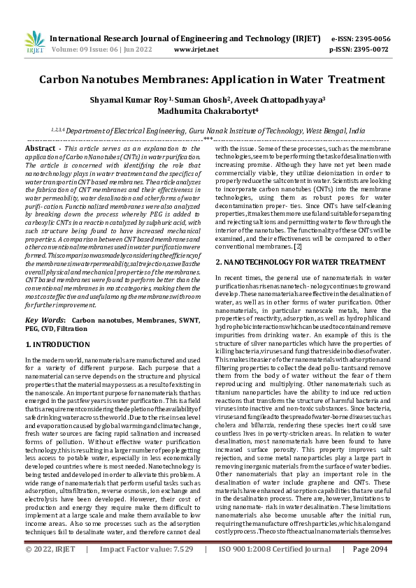 Pdf Carbon Nanotubes Membranes Application In Water Treatment