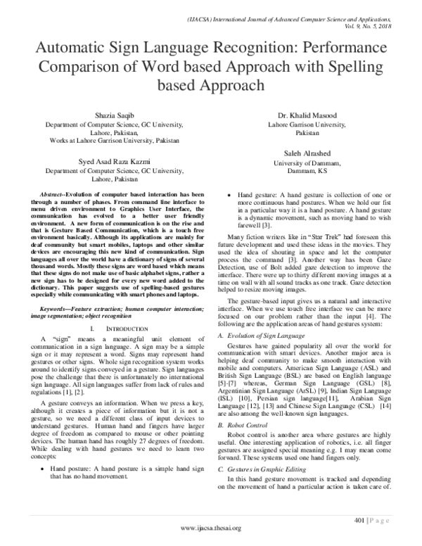Pdf Automatic Sign Language Recognition Performance Comparison Of Word Based Approach With