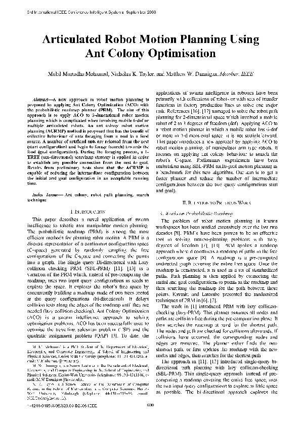 (PDF) Articulated Robot Motion Planning Using Ant Colony Optimisation
