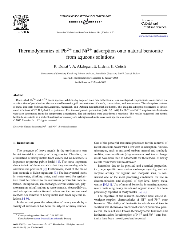 (PDF) Thermodynamics of Pb2+ and Ni2+ adsorption onto natural bentonite from aqueous solutions