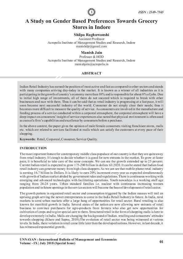 A Study on Gender Based Preferences towards Grocery Stores in Indore