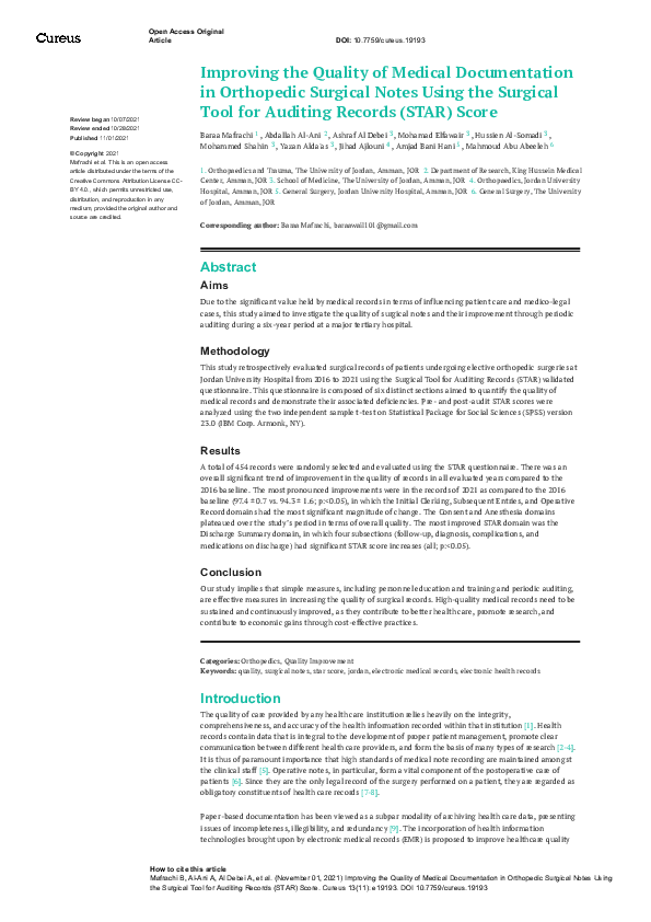 (PDF) Improving the Quality of Medical Documentation in Orthopedic ...