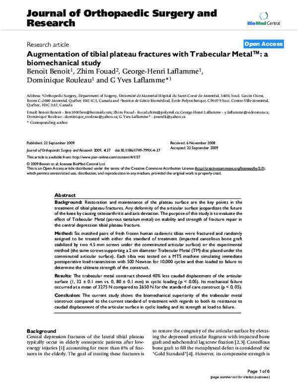 (PDF) Augmentation of tibial plateau fractures with Trabecular Metal ...