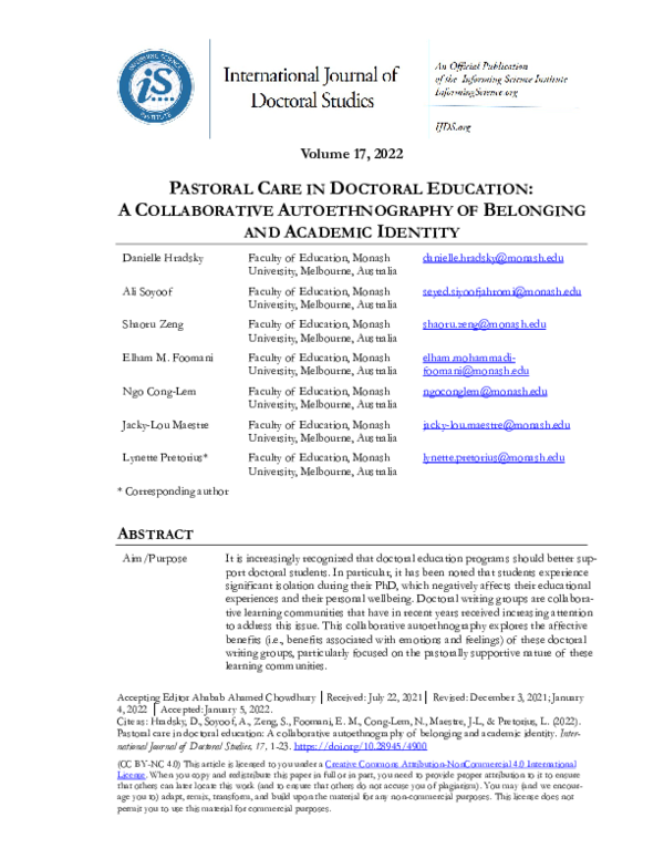 (PDF) Pastoral Care in Doctoral Education: A Collaborative ...