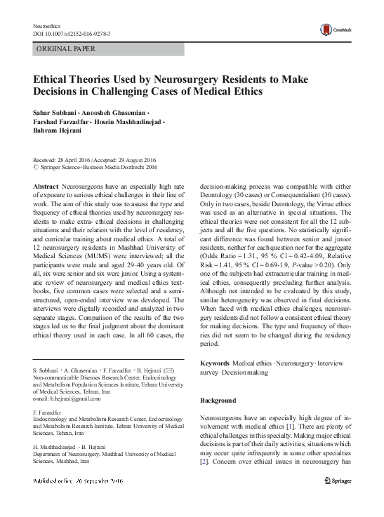 (PDF) Ethical Theories Used by Neurosurgery Residents to Make Decisions ...