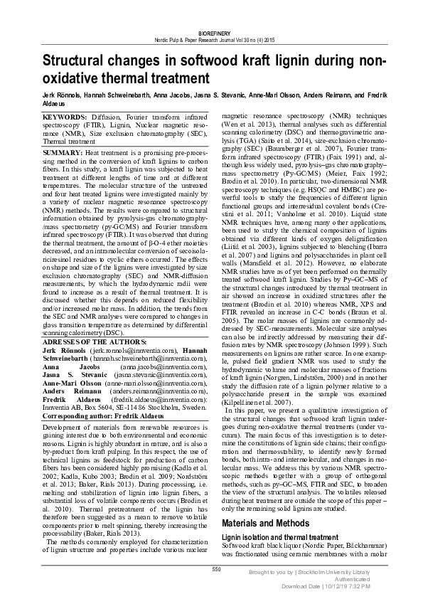 (PDF) Structural changes in softwood kraft lignin during nonoxidative thermal treatment