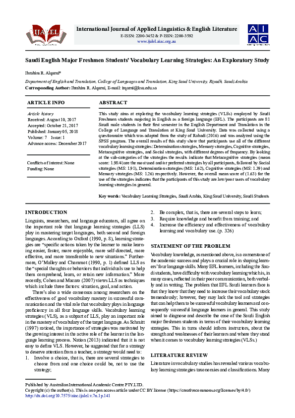 (PDF) Saudi English Major Freshmen Students’ Vocabulary Learning Strategies: An Exploratory Study