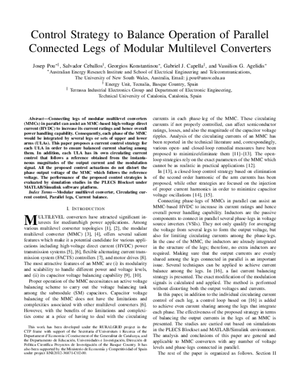 (PDF) Control strategy to balance operation of parallel connected legs of modular multilevel ...