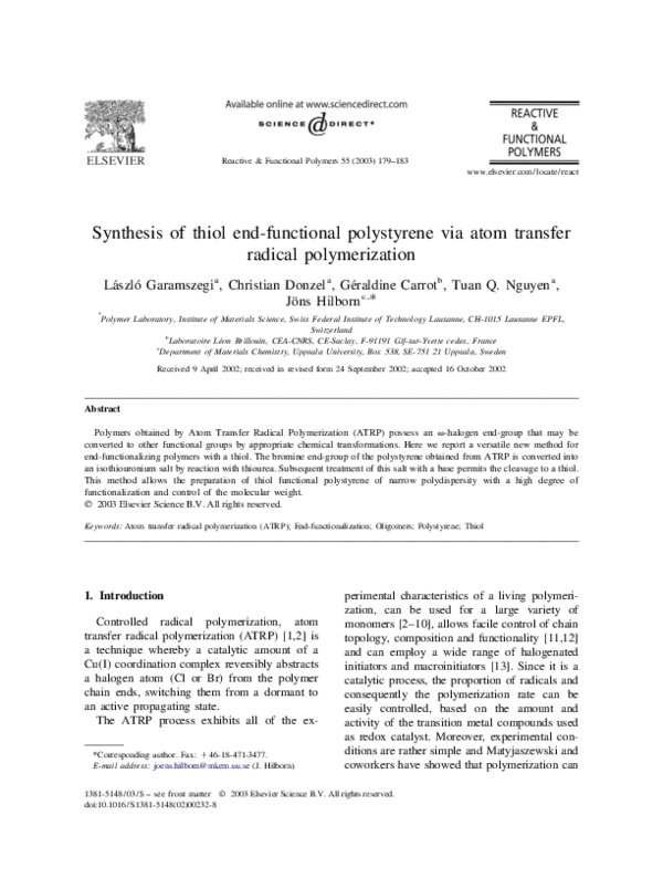 (PDF) Synthesis of thiol end-functional polystyrene via atom transfer ...