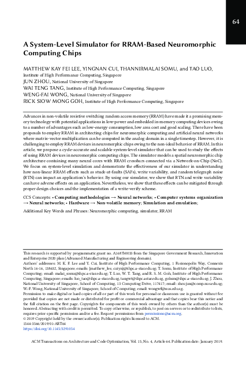 Pdf A System Level Simulator For Rram Based Neuromorphic Computing Chips
