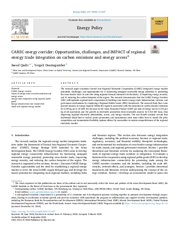 (PDF) CAREC energy corridor: Opportunities, challenges, and IMPACT of ...