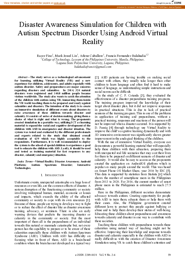 (PDF) Disaster Awareness Simulation for Children with Autism Spectrum ...
