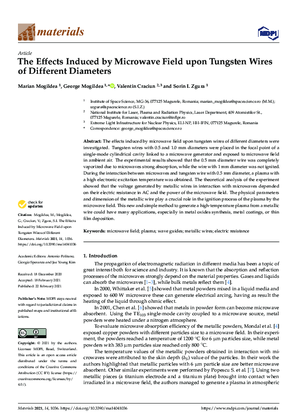 (PDF) The Effects Induced by Microwave Field upon Tungsten Wires of ...