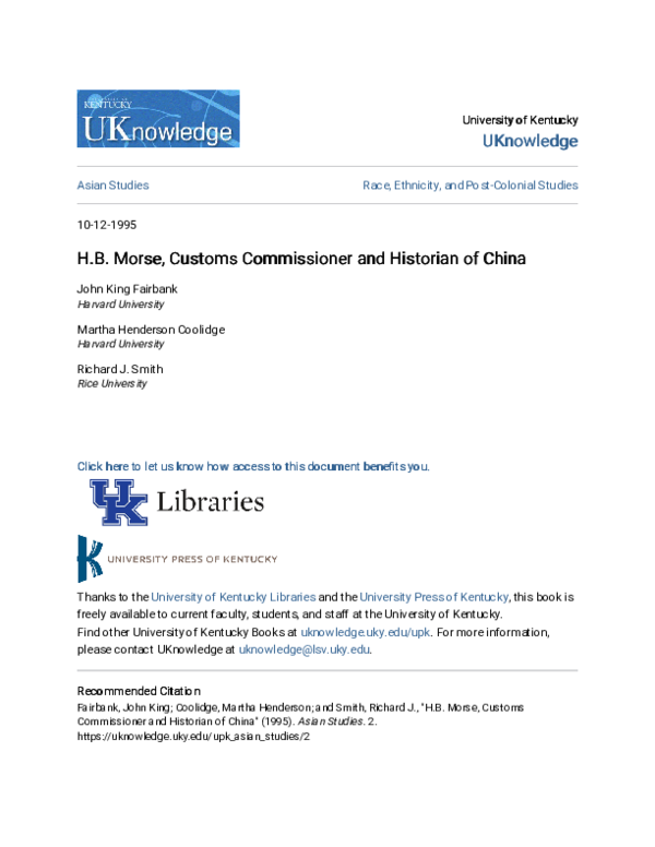(PDF) H. B. Morse: Customs Commissioner and Historian of China