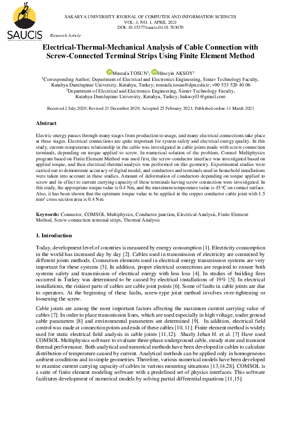 (PDF) Electrical-Thermal-Mechanical Analysis of Cable Connection with Screw-Connected Terminal ...