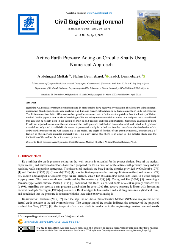 (PDF) Active Earth Pressure Acting on Circular Shafts Using Numerical Approach