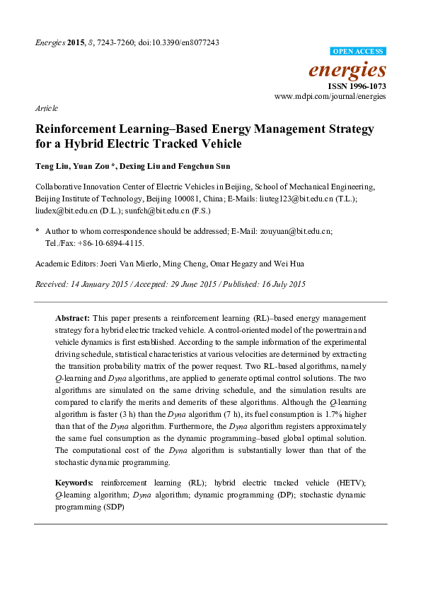 (PDF) Reinforcement Learning–Based Energy Management Strategy for a Hybrid Electric Tracked Vehicle