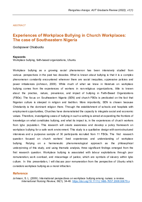(PDF) Experiences of Workplace Bullying in Church Workplaces: The case ...