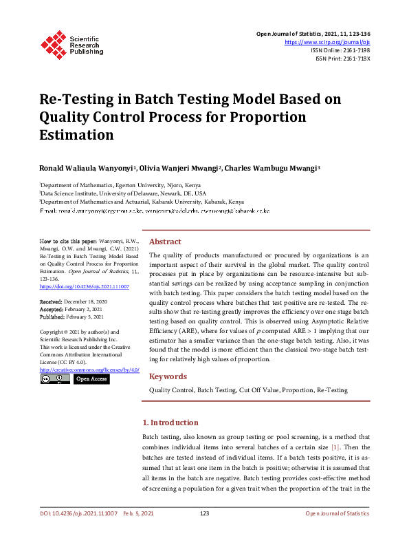 (PDF) Re-Testing in Batch Testing Model Based on Quality Control ...