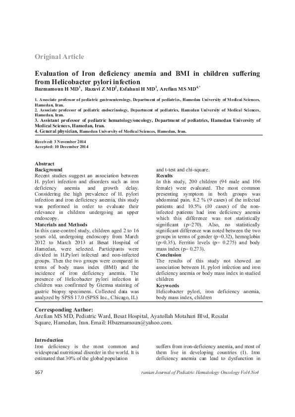 (PDF) Evaluation of Iron deficiency anemia and BMI in children suffering from Helicobacter ...