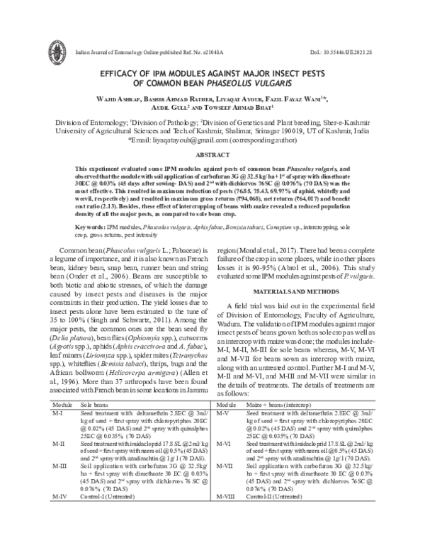 (PDF) Efficacy of IPM Modules Against Major Insect Pests of Common Bean Phaseolus vulgaris