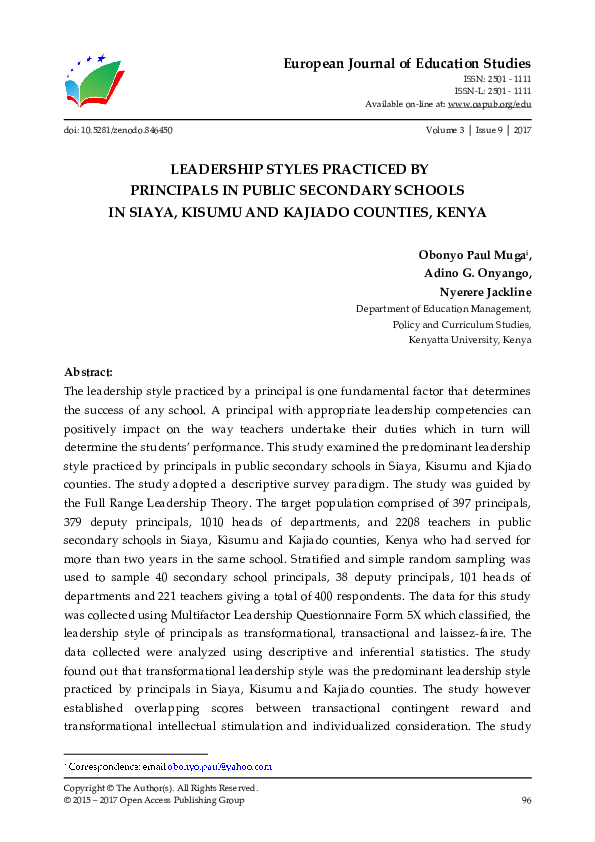 (PDF) Leadership Styles Practiced by Principals in Public Secondary ...