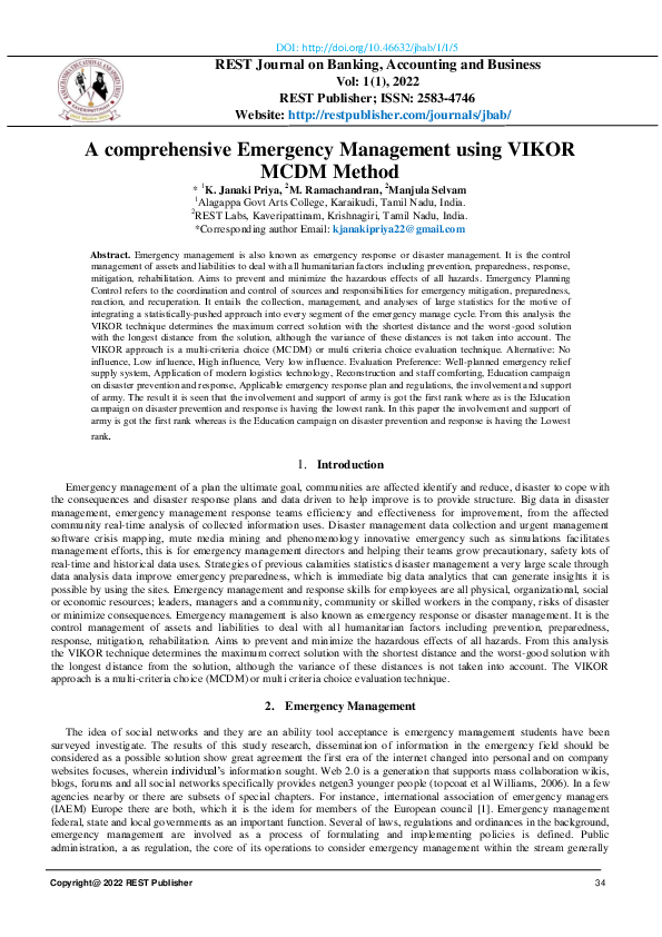 Pdf A Comprehensive Emergency Management Using Vikor Mcdm Method