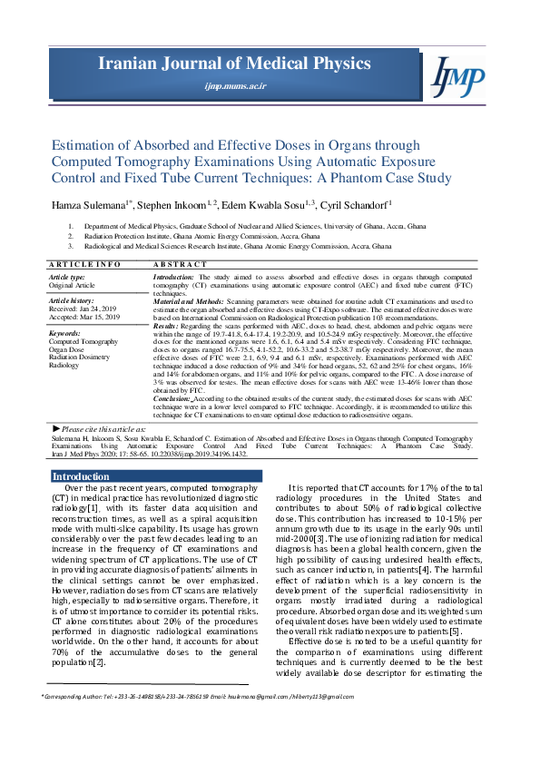 Pdf Estimation Of Absorbed And Effective Doses In Organs Through Computed Tomography
