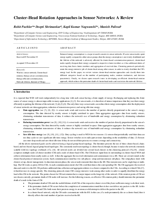 Pdf Cluster Head Rotation Approaches In Sensor Networks A Review 