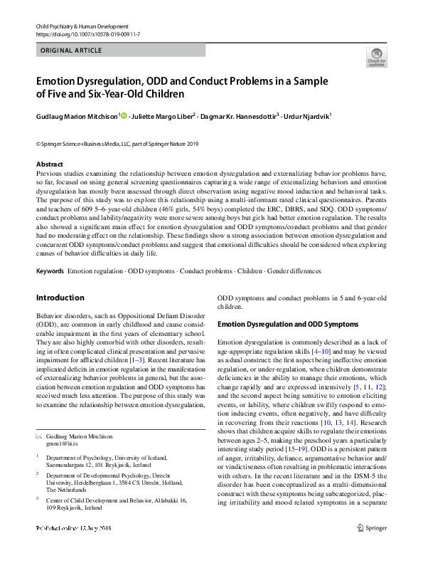 (PDF) Emotion Dysregulation, ODD and Conduct Problems in a Sample of ...