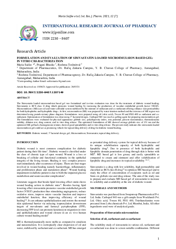 Pdf Formulation And Evaluation Of Simvastatin Loaded Microemulsion