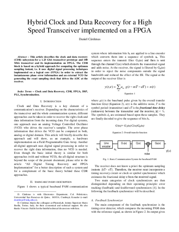 (PDF) Hybrid clock and data recovery for a high speed transceiver implemented on a FPGA