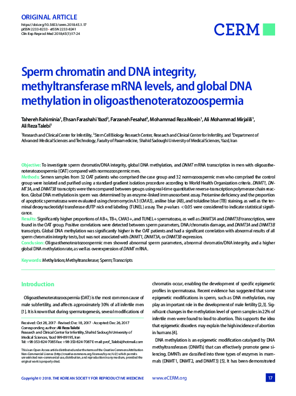 (PDF) Sperm chromatin and DNA integrity, methyltransferase mRNA levels ...