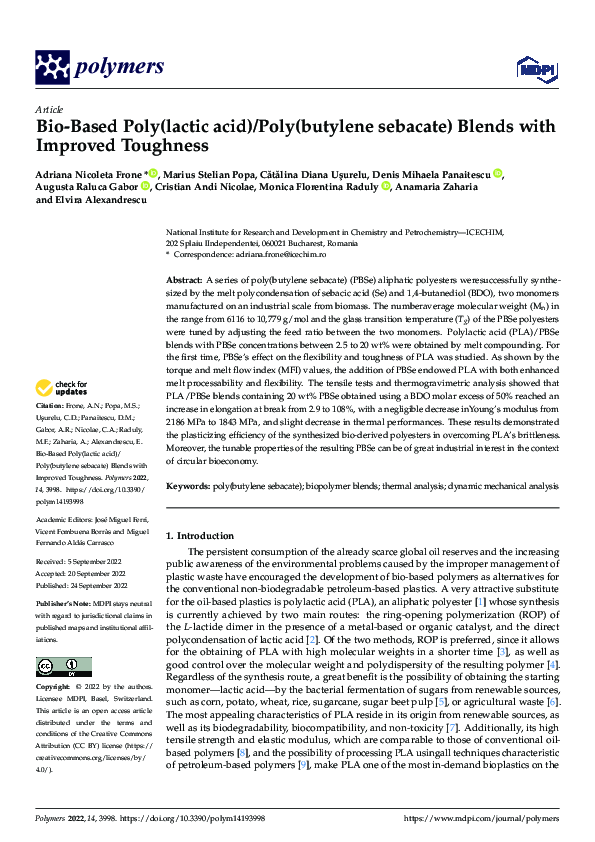 (PDF) Bio-Based Poly(lactic acid)/Poly(butylene sebacate) Blends with ...