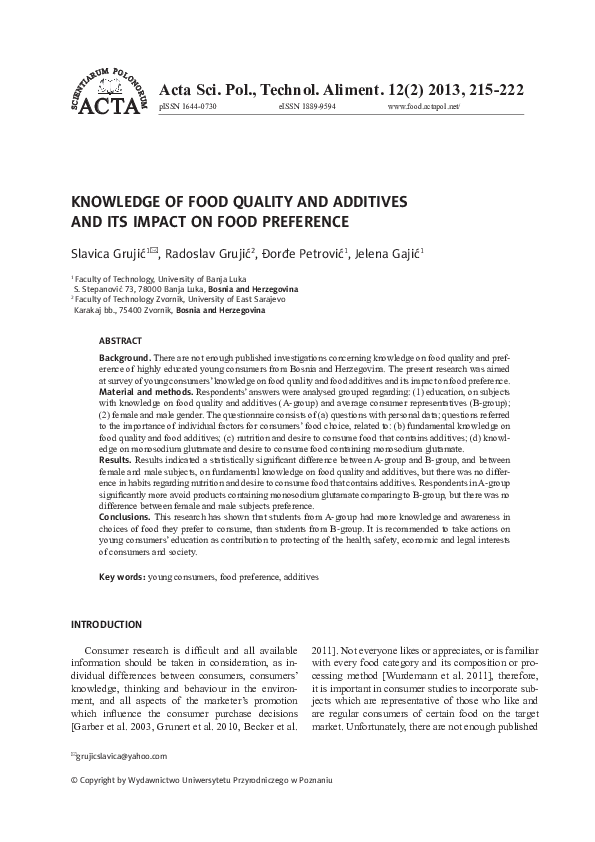 (PDF) Knowledge of Food Quality and Additives and Its Impact on Food ...