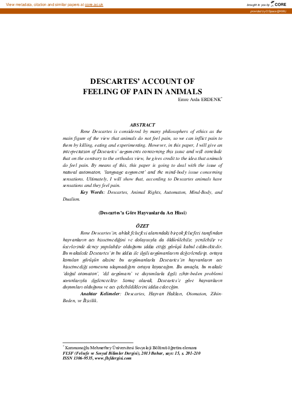 (PDF) Descartes’a Göre Hayvanlarda Acı Hissi