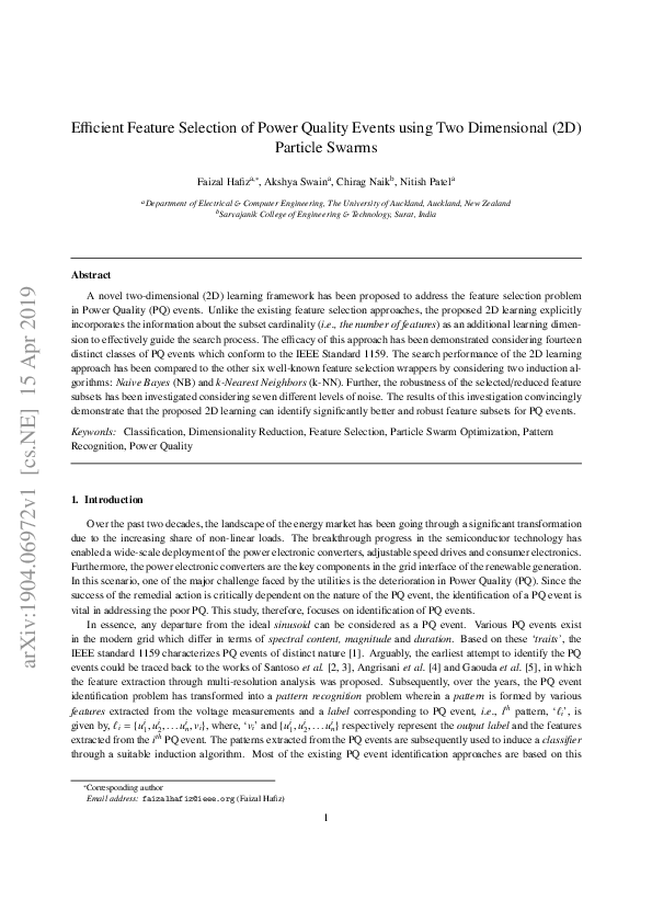 (PDF) 2D Particle Swarm for Power Quality Feature Selection