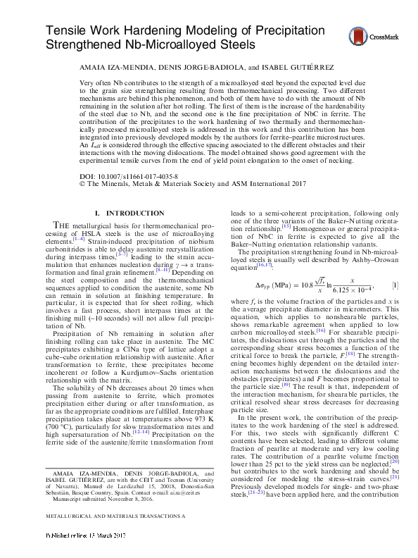 (PDF) Tensile Work Hardening Modeling of Precipitation Strengthened Nb-Microalloyed Steels