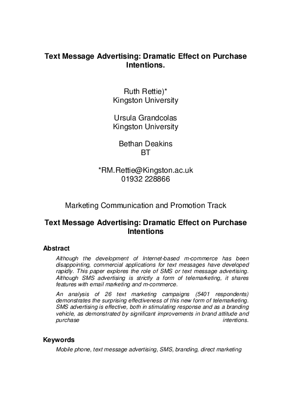 (PDF) Text message advertising: Dramatic effect on purchase intentions