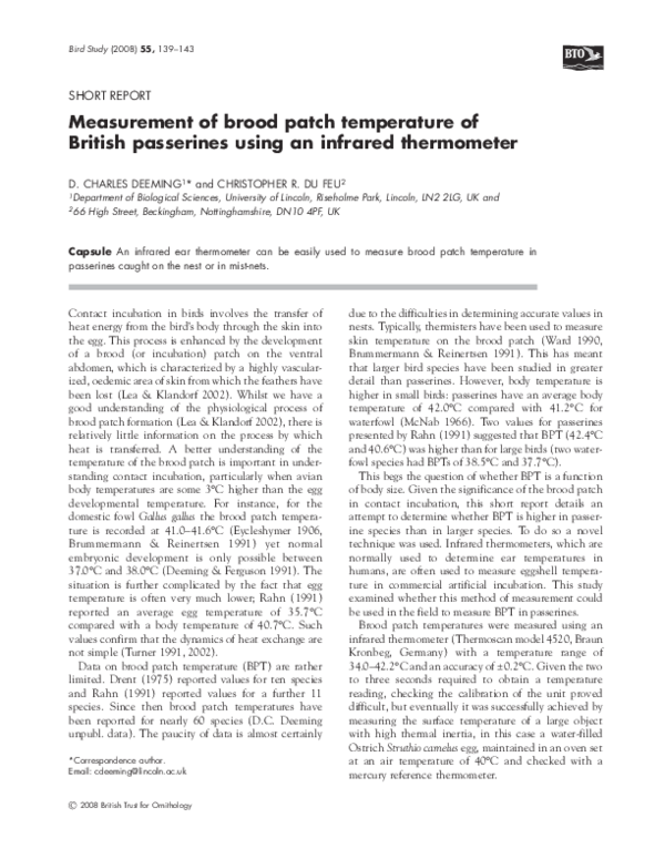 (PDF) Measurement of brood patch temperature of British passerines ...