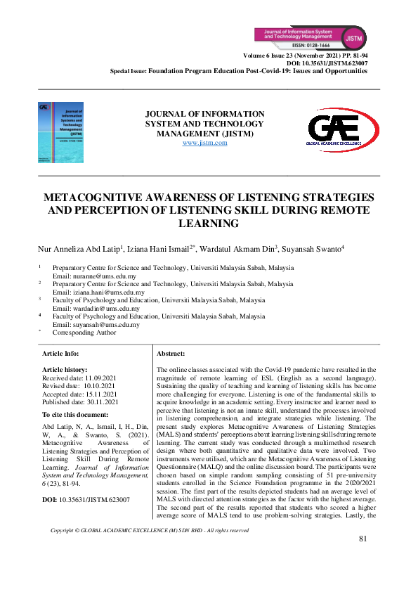 Pdf Metacognitive Awareness Of Listening Strategies And Perception Of Listening Skill During