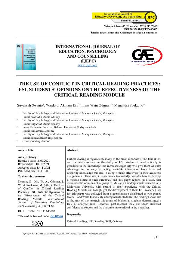(PDF) The Use of Conflict in Critical Reading Practices: Esl Students’ Opinions on the ...