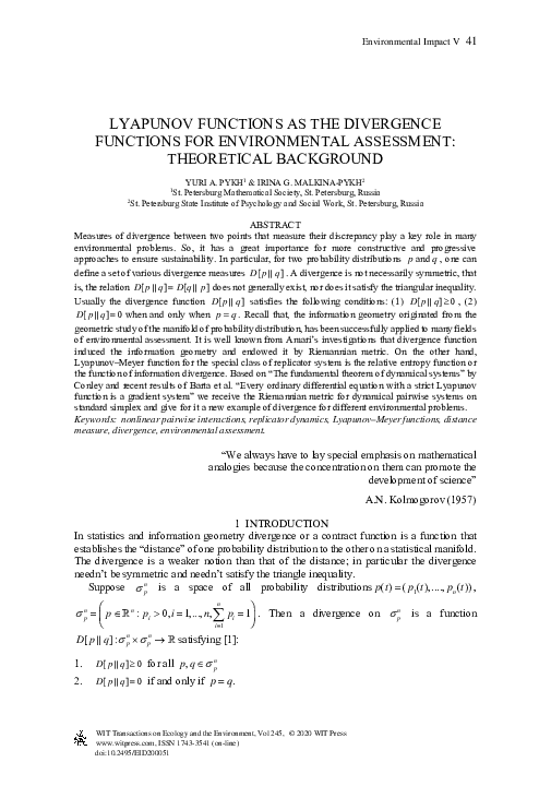 (PDF) Lyapunov Functions as the Divergence Functions for Environmental Assessment: Theoretical ...